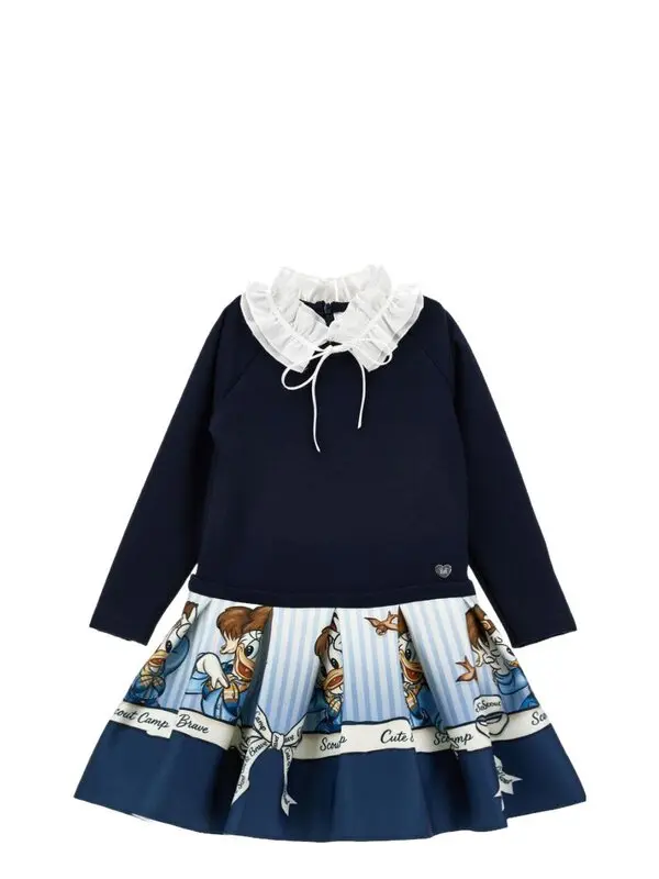 Monnalisa Graphic-print Ruffled-collar Dress - Beige Navy