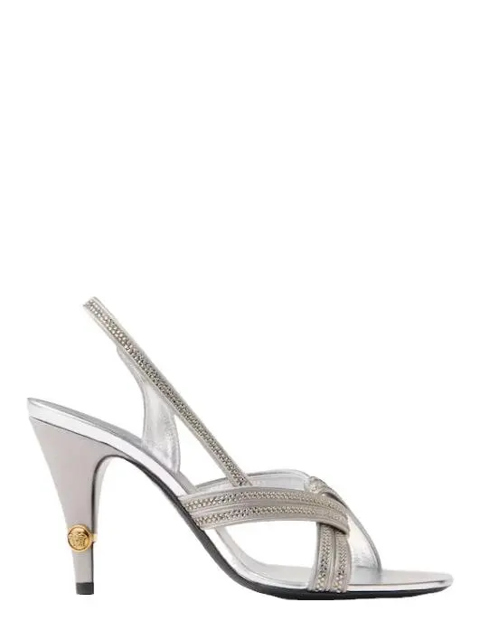 Versace Embellished Nappa Satin Slingbacks 90 Mm - Grey