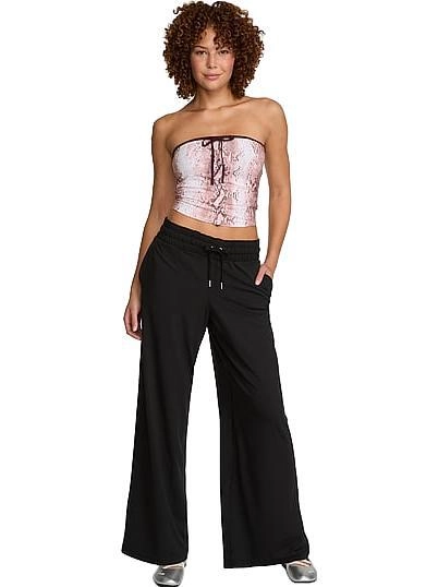 Pink Smocked-band Straight-leg Pants - Black