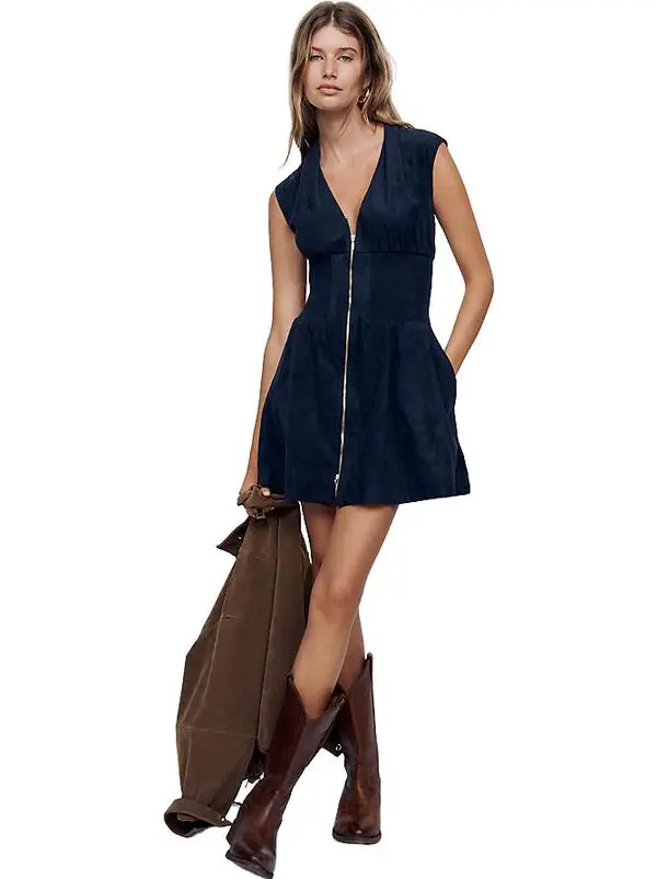 Maeve Faux Suede Mini Shirtdress - Dark Navy