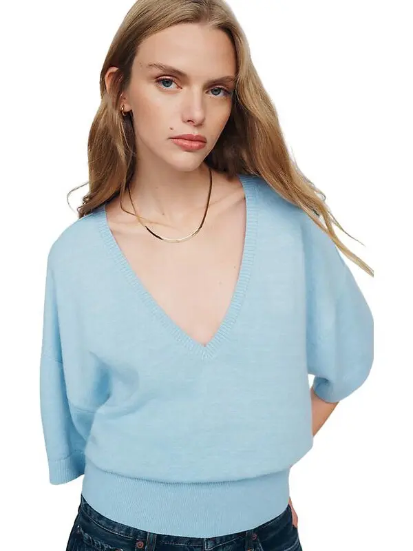 Maeve Cotton Mero Plunge V-neck Sweater - Soft Sea