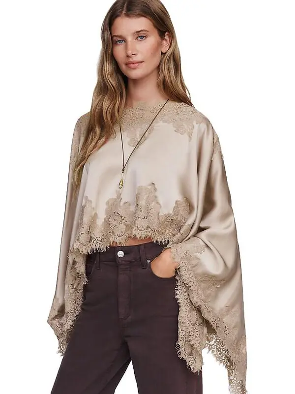 Anthropologie Satin Lace Poncho Top - Tan