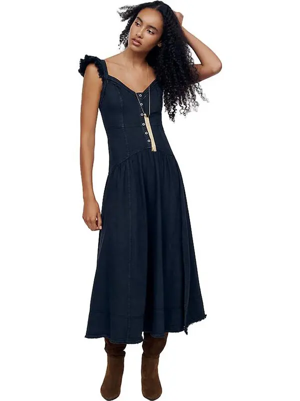 PILCRO Cotton Ruffled Denim Midi Dress - Dark Denim