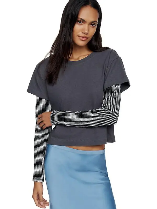 PILCRO Twofer Long Sleeve T-shirt - Grey Stripe