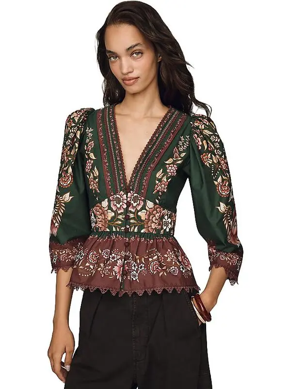 Farm Rio Daniela 100% Cotton Peplum Blouse - Daniela Green