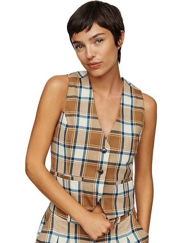 Maeve Tailored Vest Jacket - Brown Plaid