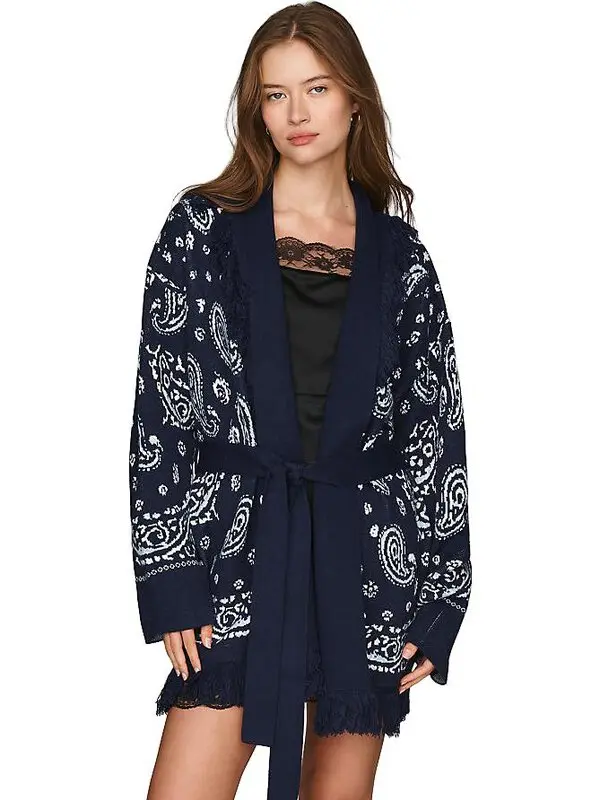 FLAT WHITE Fringe Wrap Cardigan Sweater - Blue Pattern