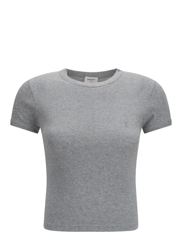 Saint Laurent Fitted Cotton T-shirt With Embroidered Logo - Gray