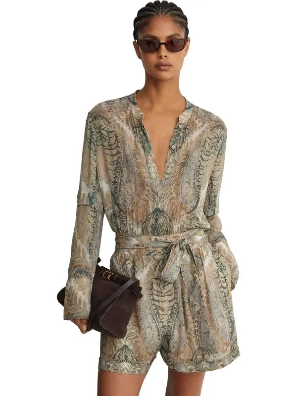 REISS Finnola Paisley-print Tie-waist Playsuit - Grey/neutral