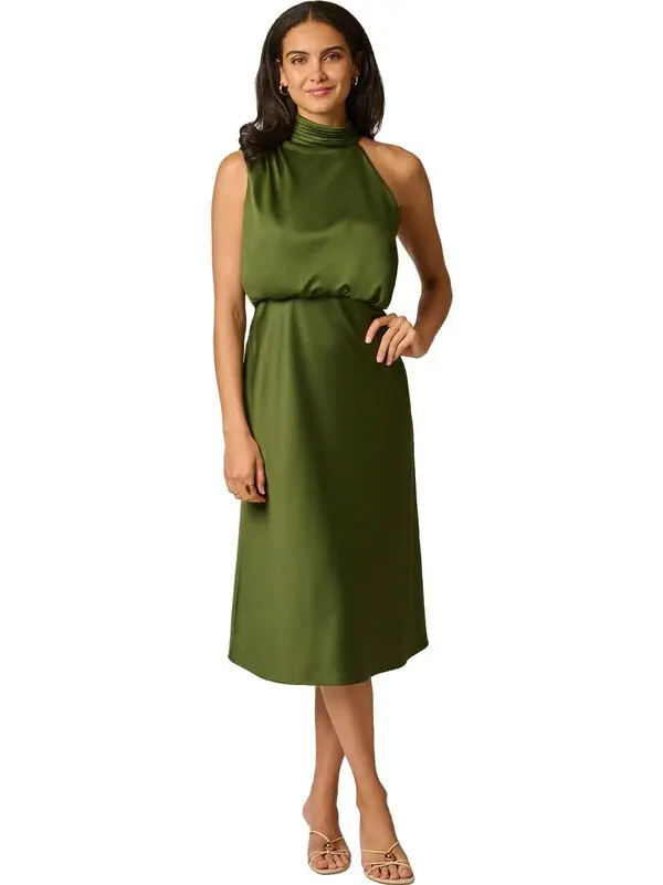 Adrianna Papell Satin Blouson Halter Midi Dress - Olive Cypress