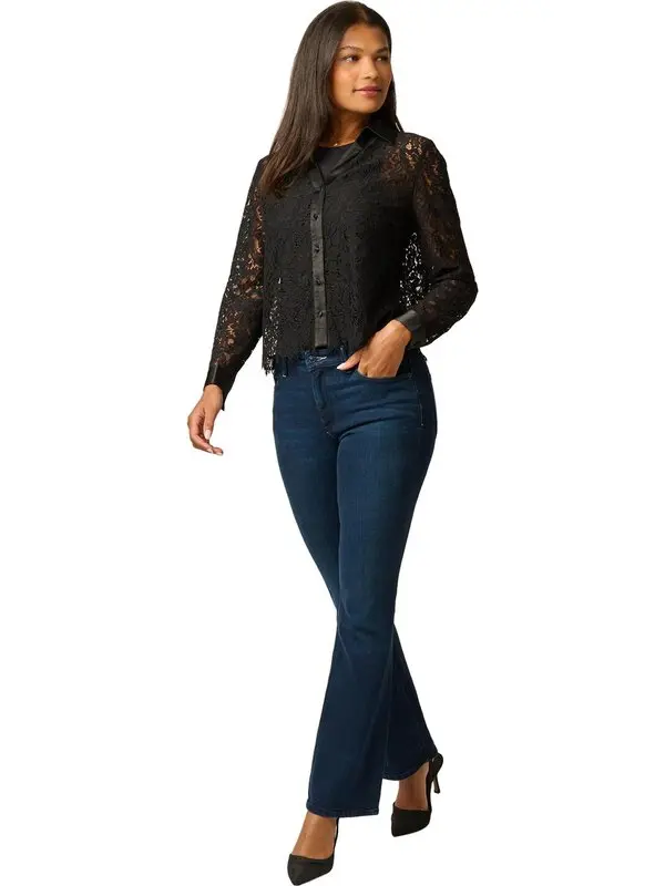 Adrianna Papell Long Sleeve Satin Trim Sheer Lace Blouse - Black