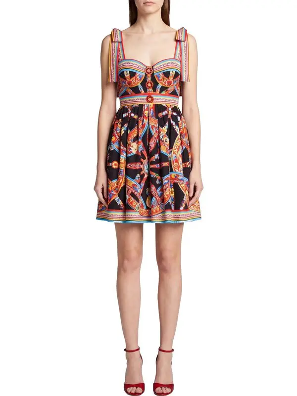 Dolce & Gabbana Carretto Siciliano Print Cotton Bustier Mini Dress - Multicolor
