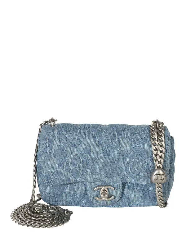 Chanel Quilted Denim Camellia Sweetheart Flap Bag - Blue