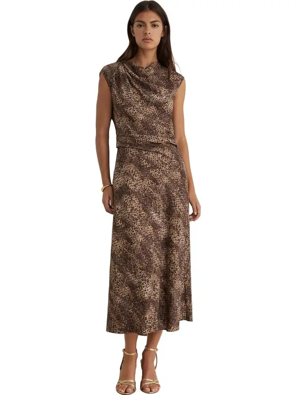 REISS Camie Draped-detail Printed Midi Dress - Brown Print