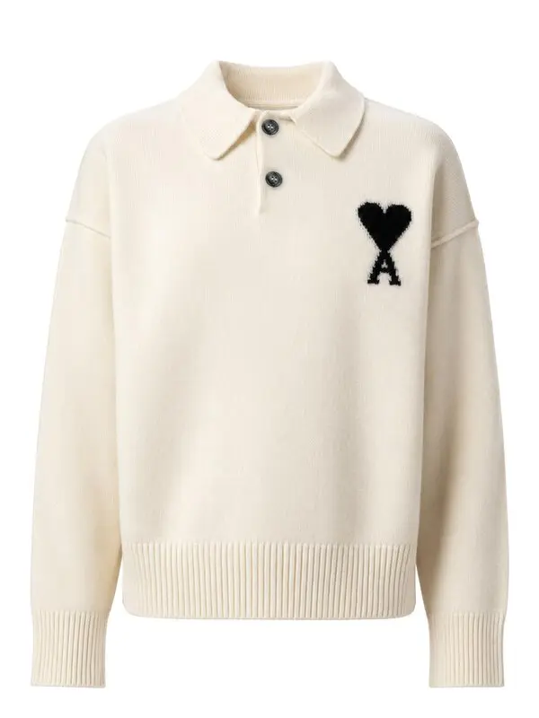AMI Paris Polo In Maglia Con Logo - Ivory