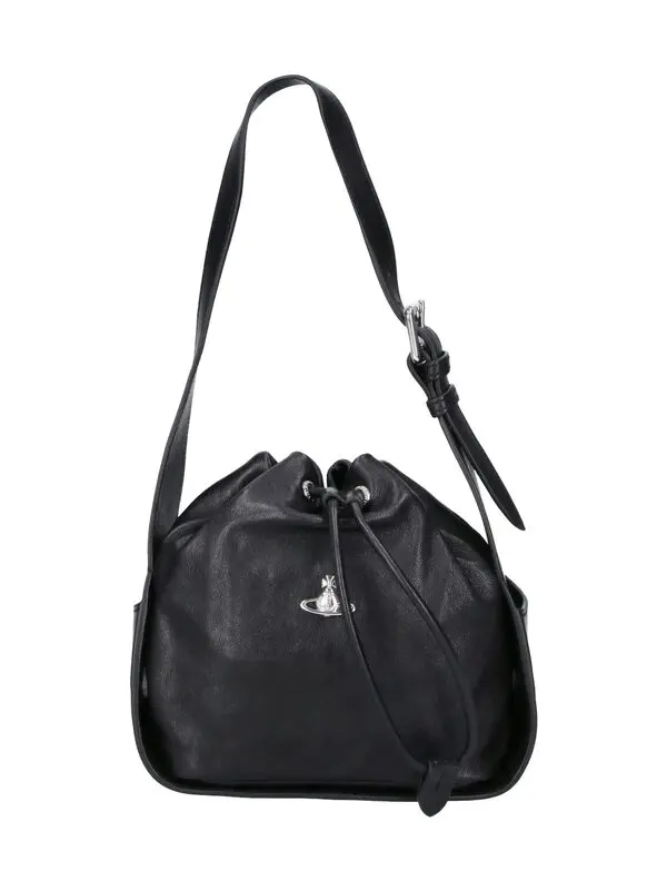 VIVIENNE WESTWOOD Leather Drawstring Bucket Shoulder Bag - Black