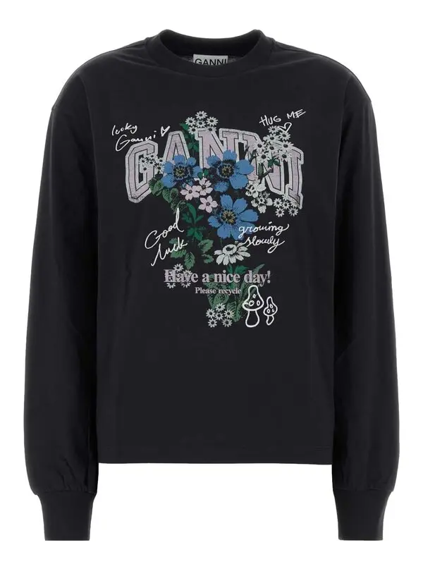 GANNI Floral Print Long Sleeve T-shirt - Phantom