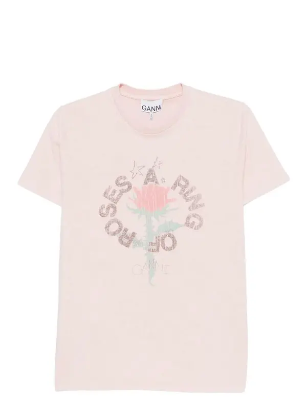 GANNI Washed Graphic T-shirt With Logo And Roses Print - Rosa