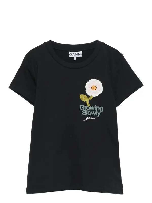 GANNI Embroidered Flower Crew Neck T-shirt - Grigio