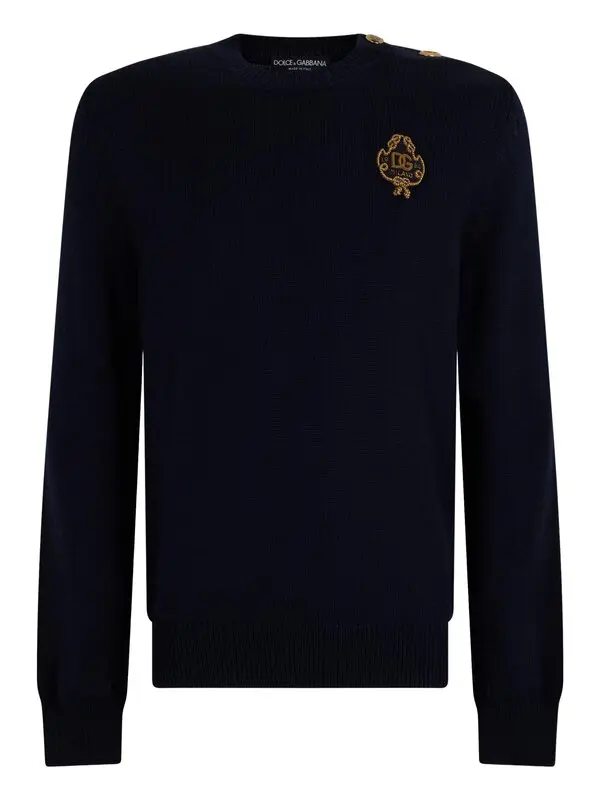 Dolce & Gabbana Logo Embroidered Virgin Wool Crew Neck Sweater - Blue