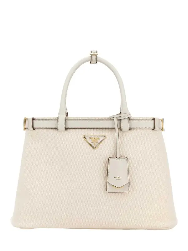 Prada Practical Canvas Shopping Handbag With Calf Leather Trim - White