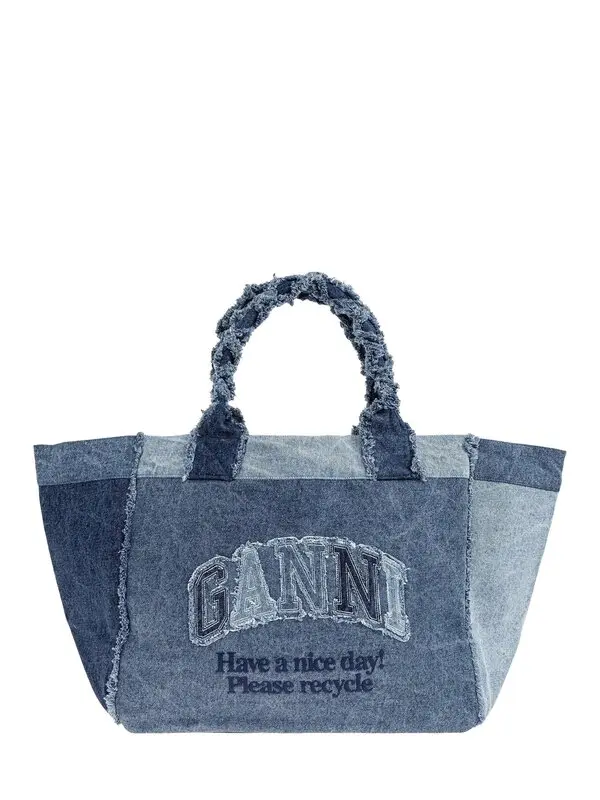 GANNI Organic Cotton Denim Tote Bag With Front Logo - Blu