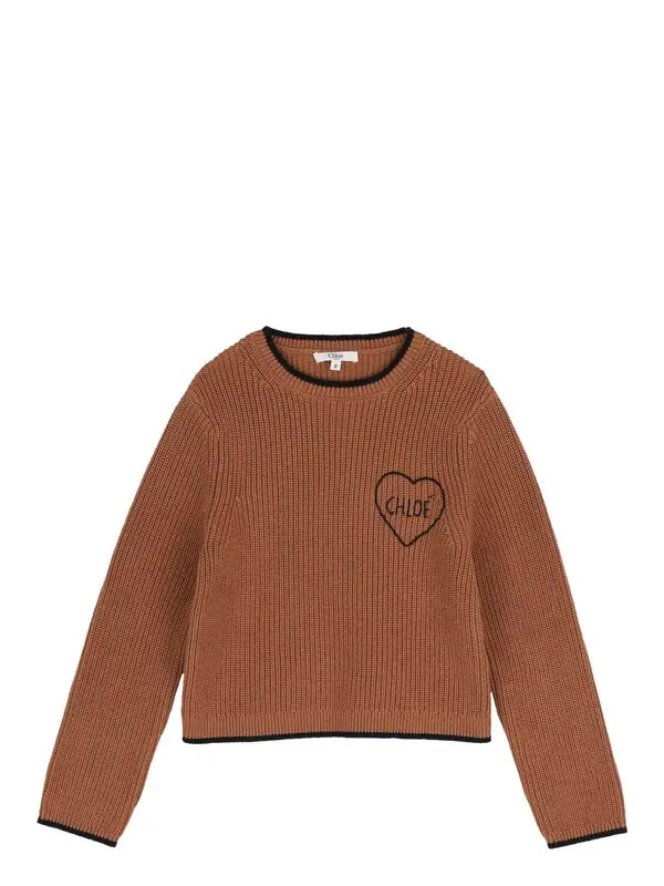 Chloé Ribbed Crewneck Sweater With Contrasting Hem And Embroidered Logo - Marrone