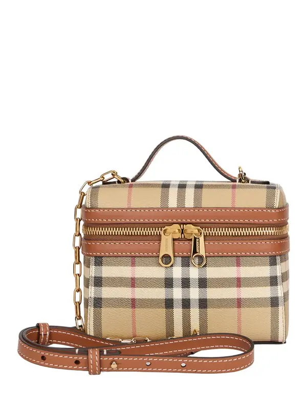 Burberry Mini Vanity Handbag Compact Tartan-effect Fabric & Leather Details - Beige
