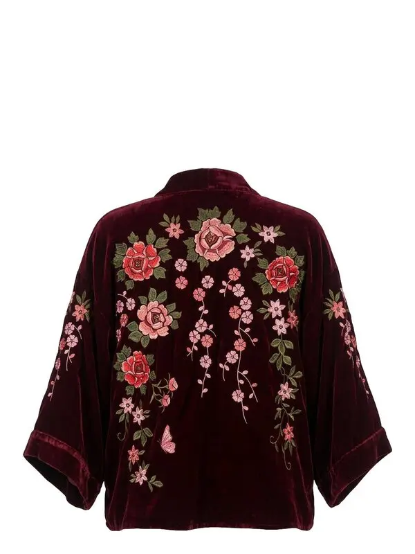 ARTEMIS MUSE Embroidered Floral Velvet Kimono - Pink/red