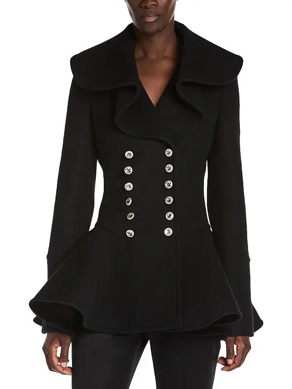 Alexander McQueen Double Breasted Flared Wool Coat - Black
