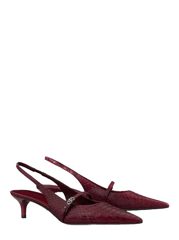 Tory Burch Double T Buckle Snake Embossed Leather Slingback Pumps - Dark Raspberry