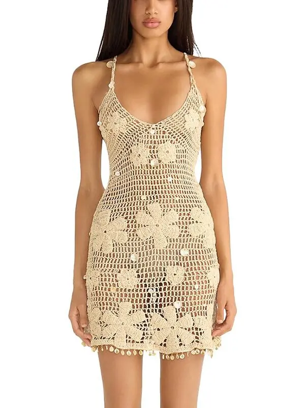 ASTA RESORT Delilah Hand Crochet Cotton Plunge Neck Mini Dress - Sand Shimmer