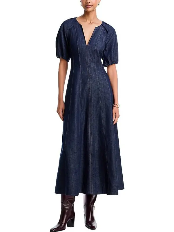 Tanya Taylor Cotton Split Neck Midi Dress - Midnight Rinse
