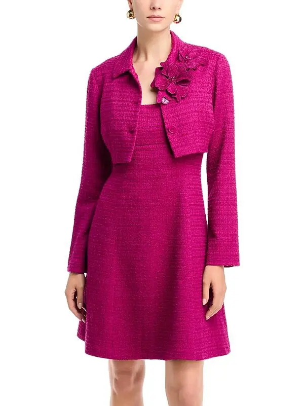 Rickie Freeman For Teri Jon Boucle Flower Corsage Applique Bolero Jacket - Berry