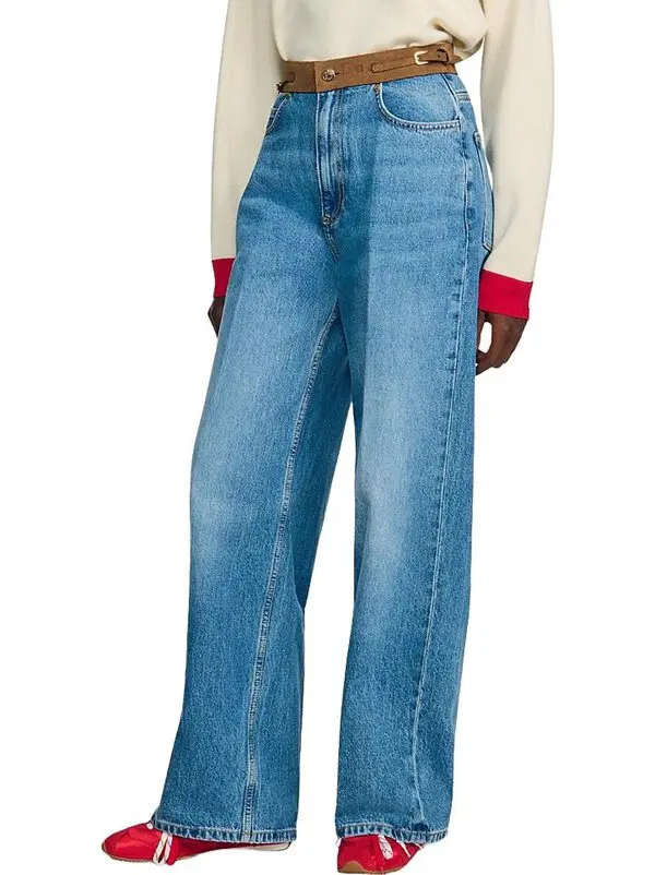 Sandro High Rise Wide Leg Belted Jeans - Blue Jean