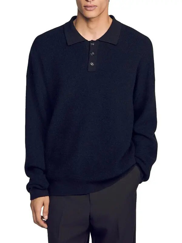 Sandro Ribbed Alpaca Blend Polo Shirt - Black