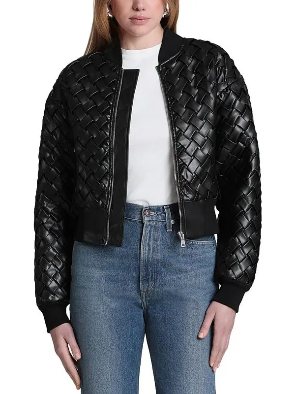 Avec Les Filles Faux Leather Woven Bomber Jacket - Black