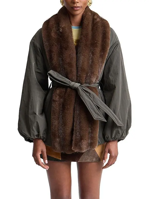 Avec Les Filles Faux Fur Trim Coat - Dark Forest