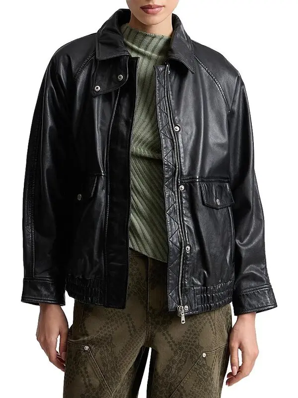 Avec Les Filles Leather Bomber Jacket - Black