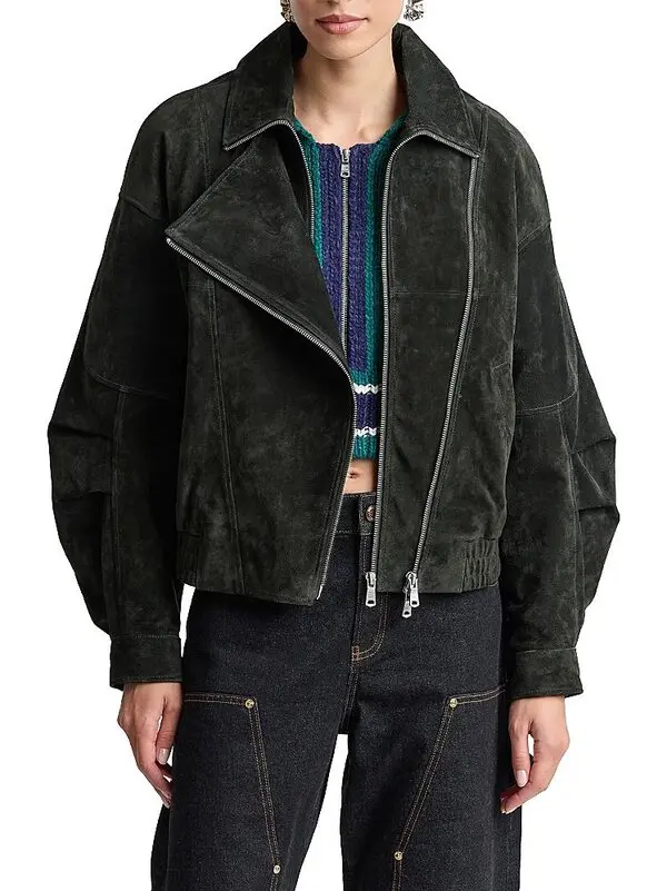Avec Les Filles Suede Layered Bomber Jacket - Deep Forest