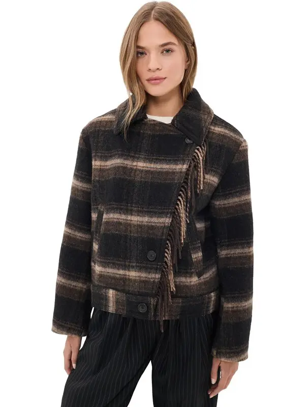 Isabel Marant Étoile Galeane Checkered Wool Melton Fringe Jacket - Black/khaki