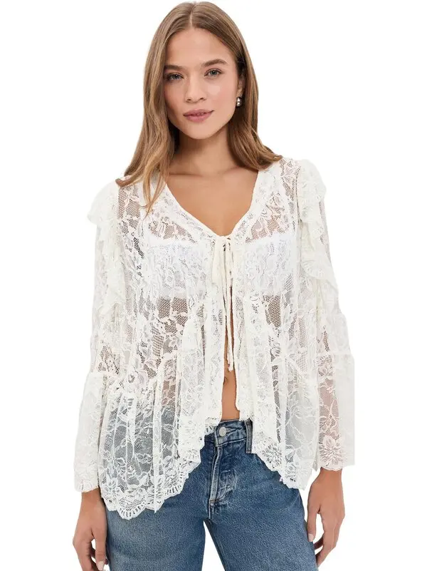 ANOTHER GIRL Oversized Tie Front Lace Blouse - Cream