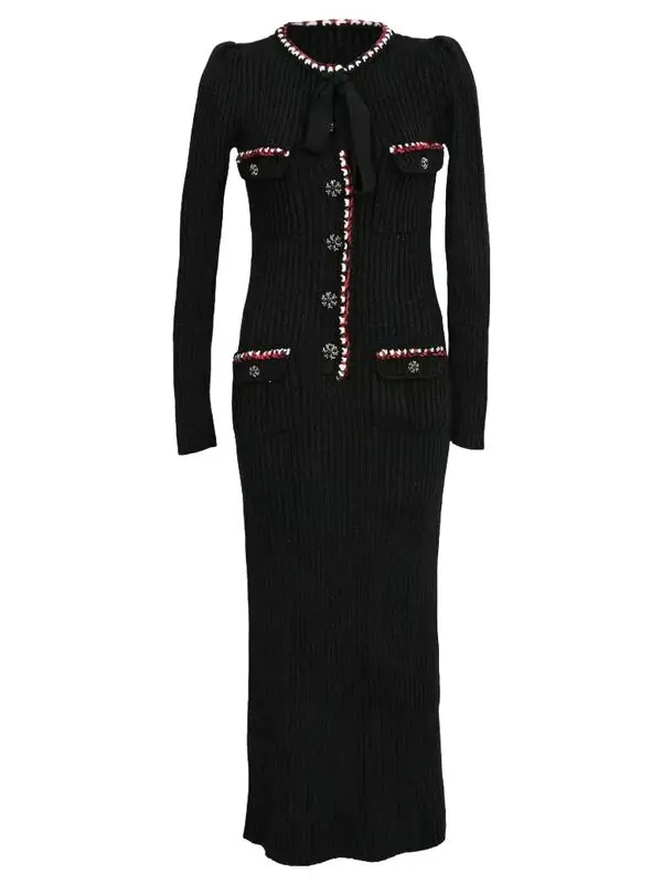 SELF-PORTRAIT Bow-detail Knit Midi Dress - Black