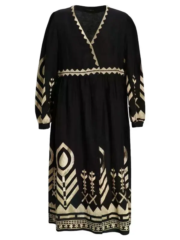Greek Archaic Kori Feather-embroidered Wrap Midi Dress - Black