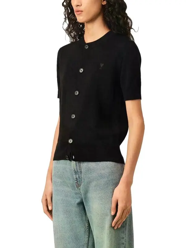 AMI Paris Wool Short-sleeve Cardigan With De Coeur - Black