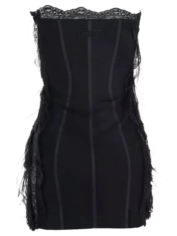 Attico Lace Feathered Mini Dress - Black