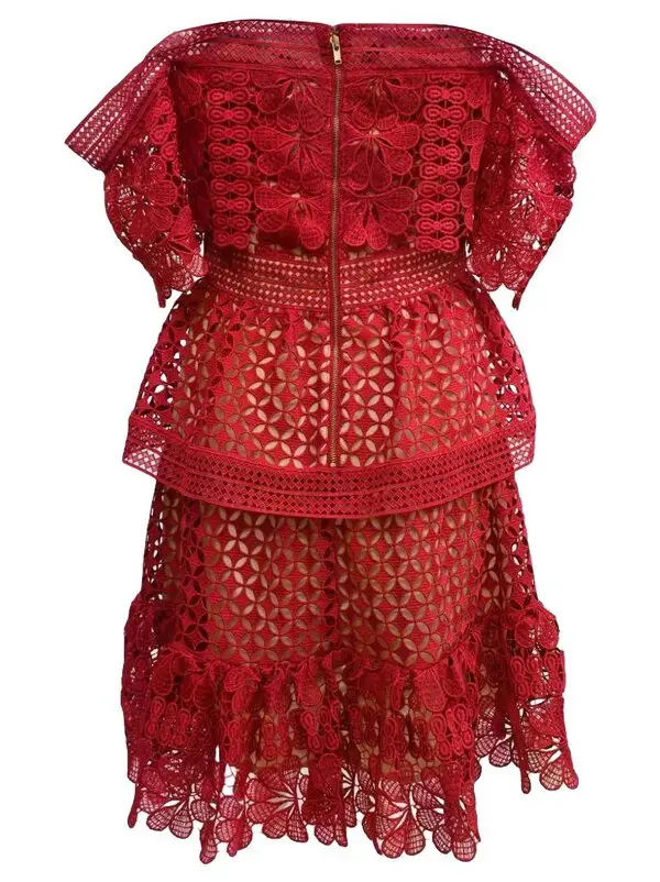 SELF-PORTRAIT Off-shoulder Guipure Lace Dress - Red