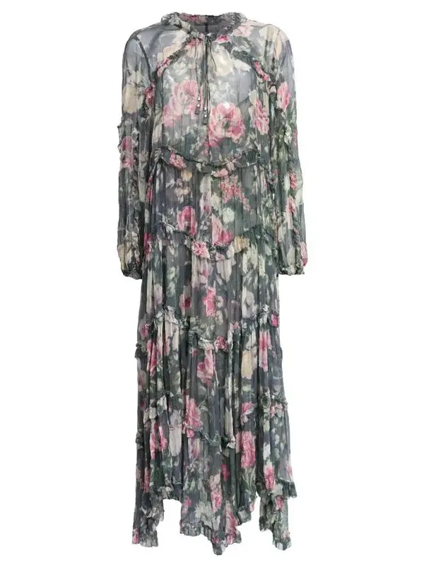 Zimmermann Silk Floral-print Tiered Dress - Grey