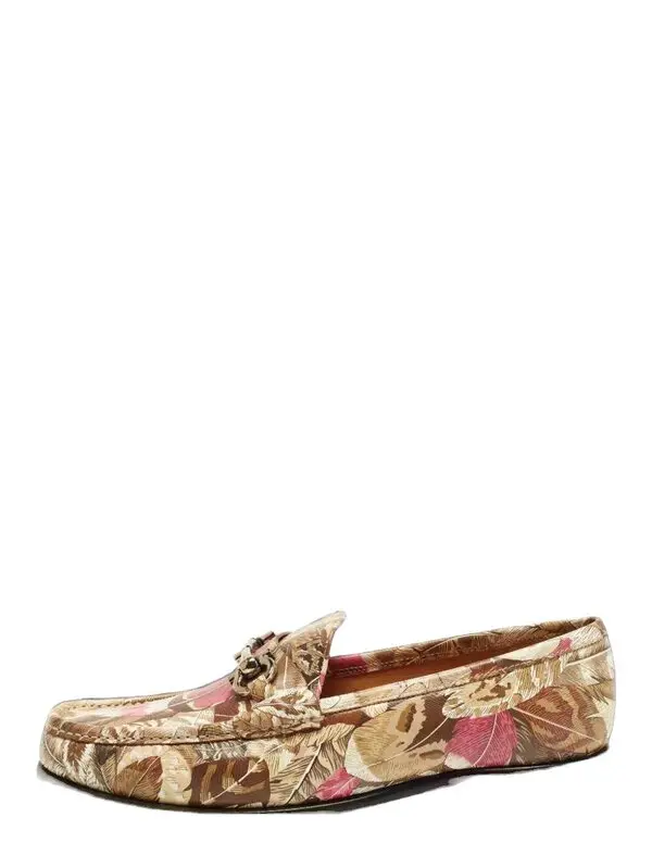 FERRAGAMO Leather Feather-print Gancini Bit Loafers - Neutrals
