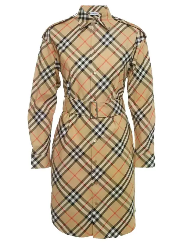 Burberry Belted Checked Cotton Shirt Dress - Neutrals